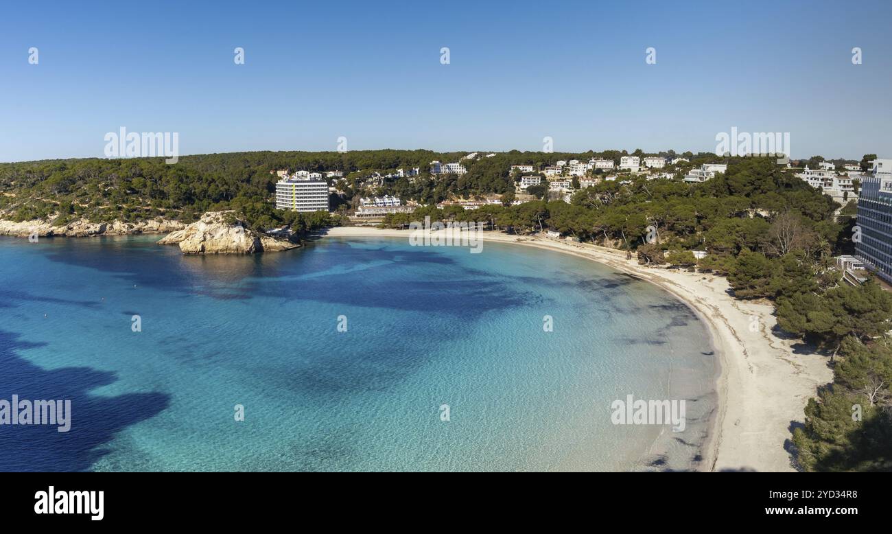 A view of the beautiful sandy beach and seaside resort of Cala Galdana ...