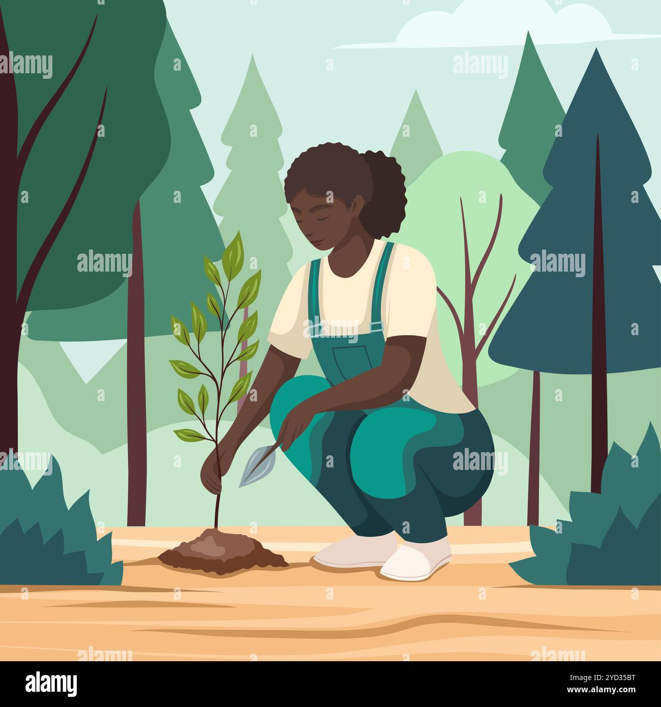 Vector illustration of black woman planting a tree in the forest in ...