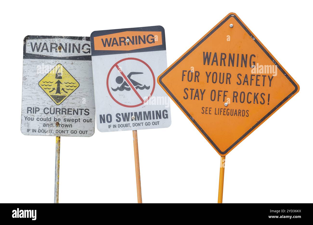 A Collection Of Water Safety Warning Signs, As Seen At A Beach Or Lake ...