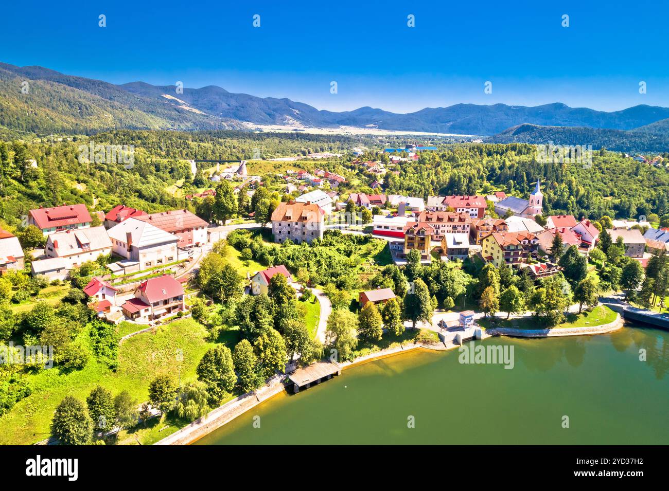 Idyllic mountain town of Fuzine on Bajer lake aerial view Stock Photo ...