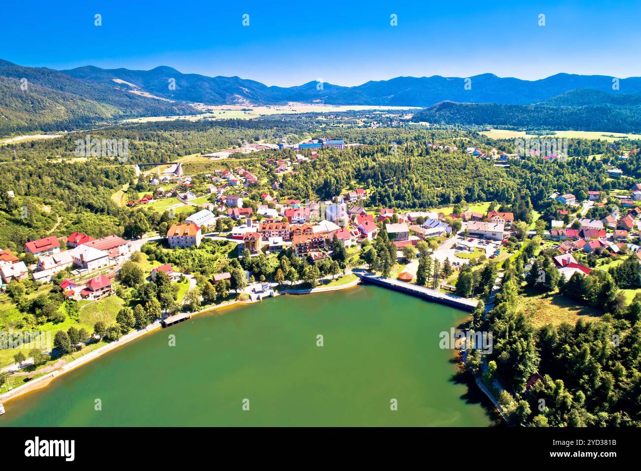 Picturesque mountain town of Fuzine on Bajer lake aerial view Stock ...