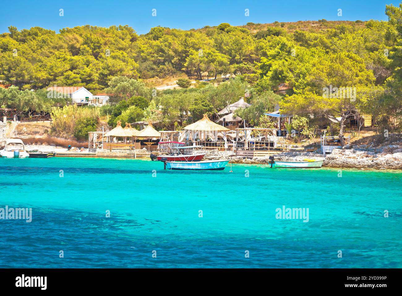 Beach bars in Palmizana bay, leisure destination in Hvar archipelago of ...
