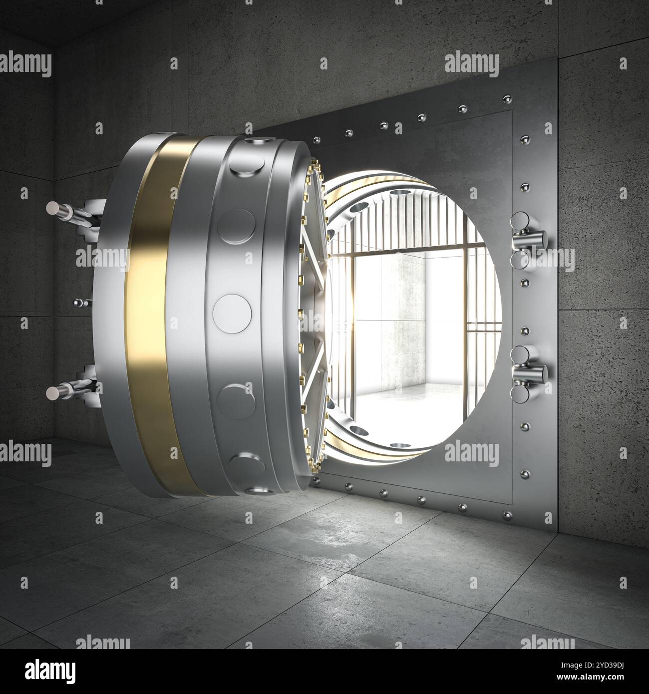 Very secure bank vault door standing open revealing a bright light inside 3d Stock Photo - Alamy