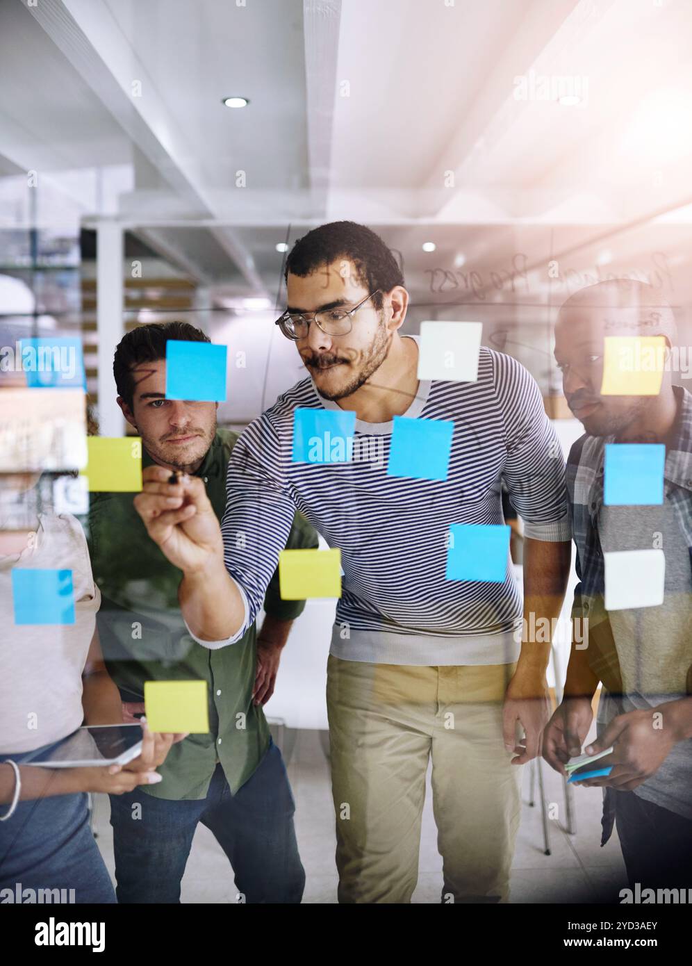 Creative, team and sticky notes on glass for reminder, timeline and ...