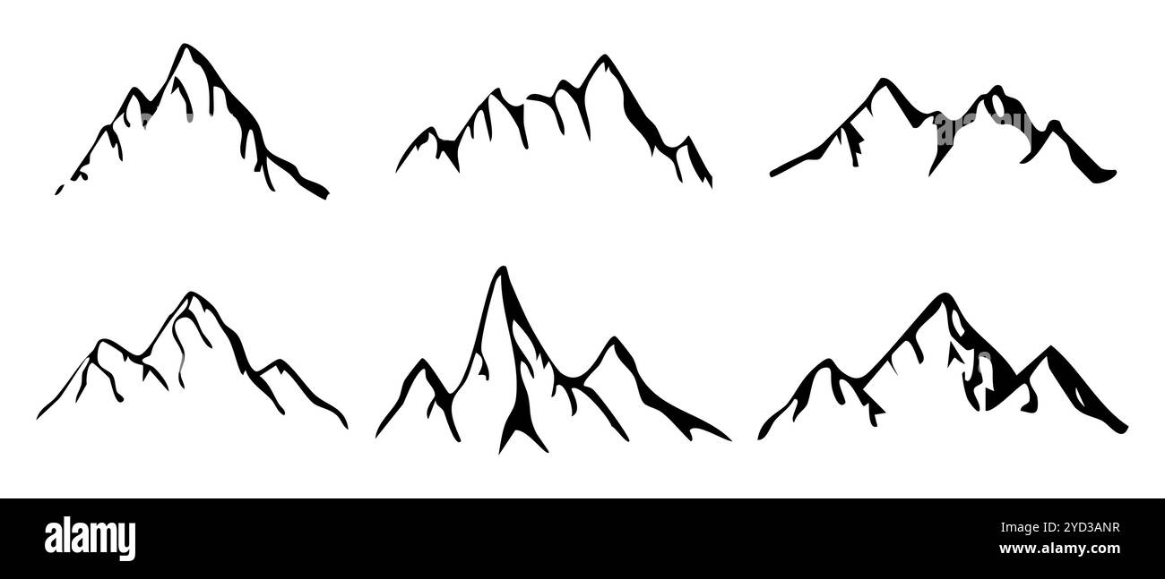 Mountain ridge, snowy peak, line wild nature. Hand drawn landscape, map ...