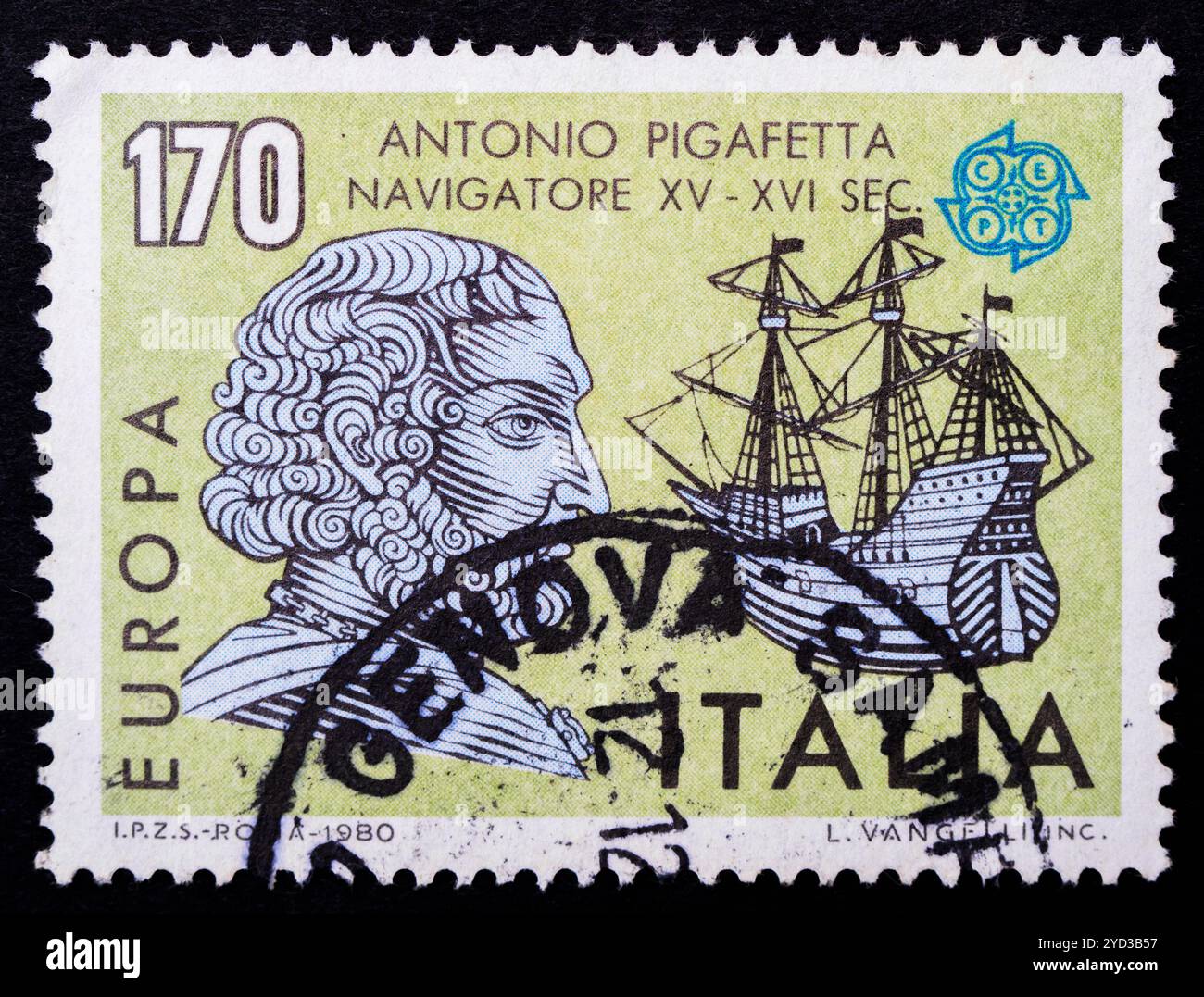 Portrait of Antonio Pigafetta and ship - Europa 25th issue 1980 ...