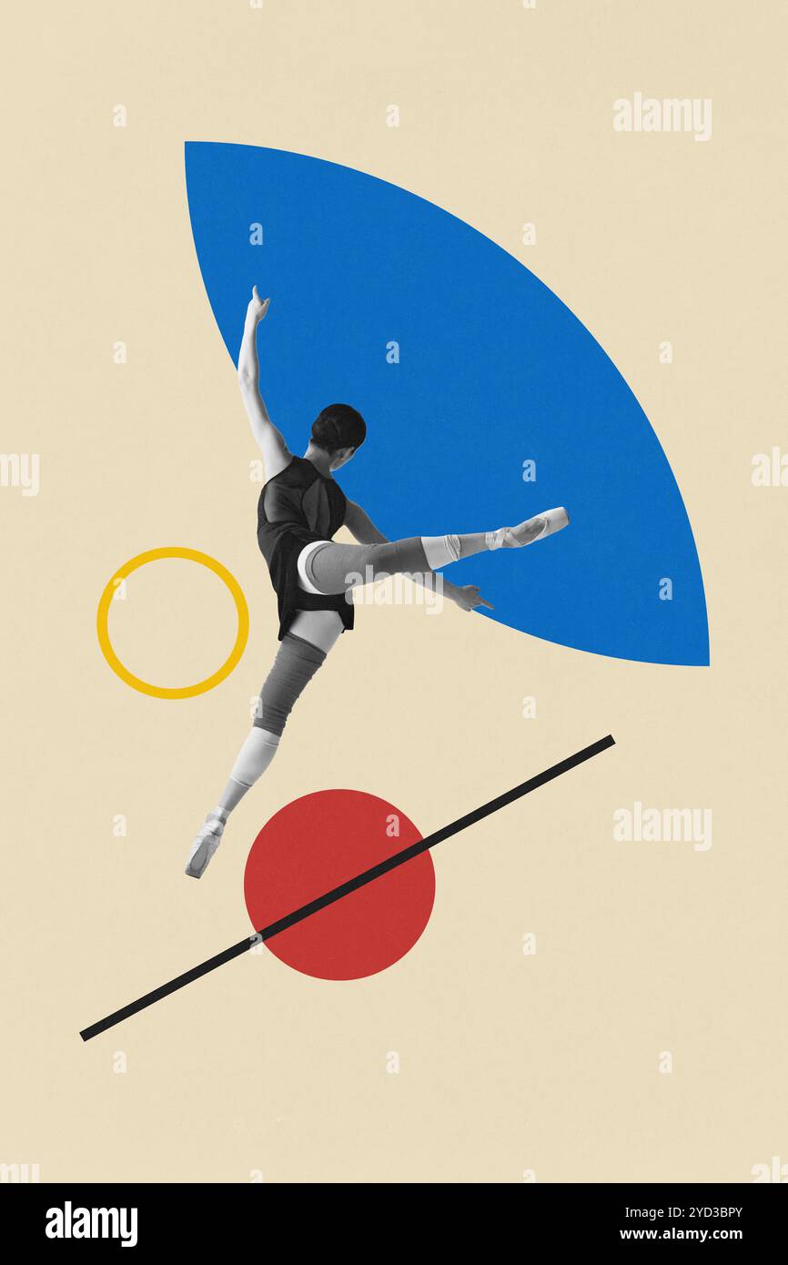 Contemporary art collage. Dancer performs graceful leap in front of ...