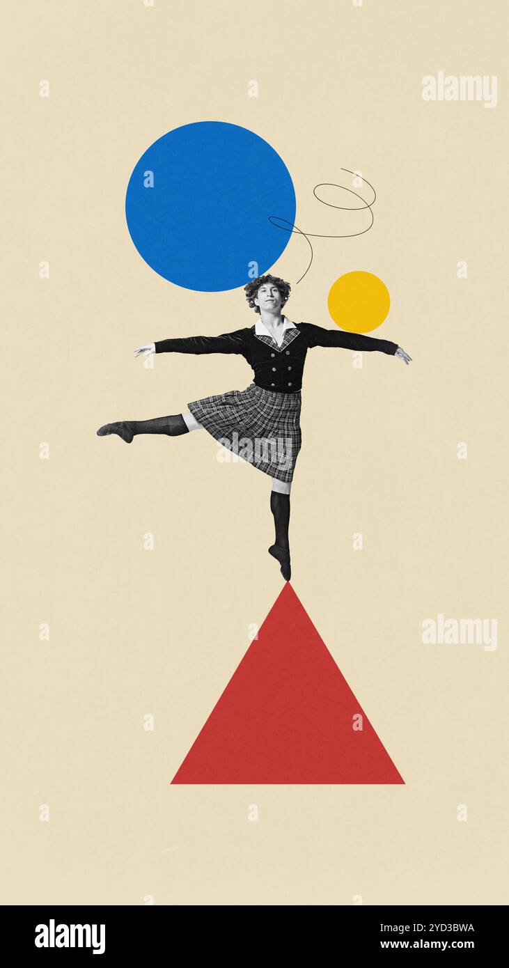 Contemporary art collage. Dancer balances on red triangle with colorful ...