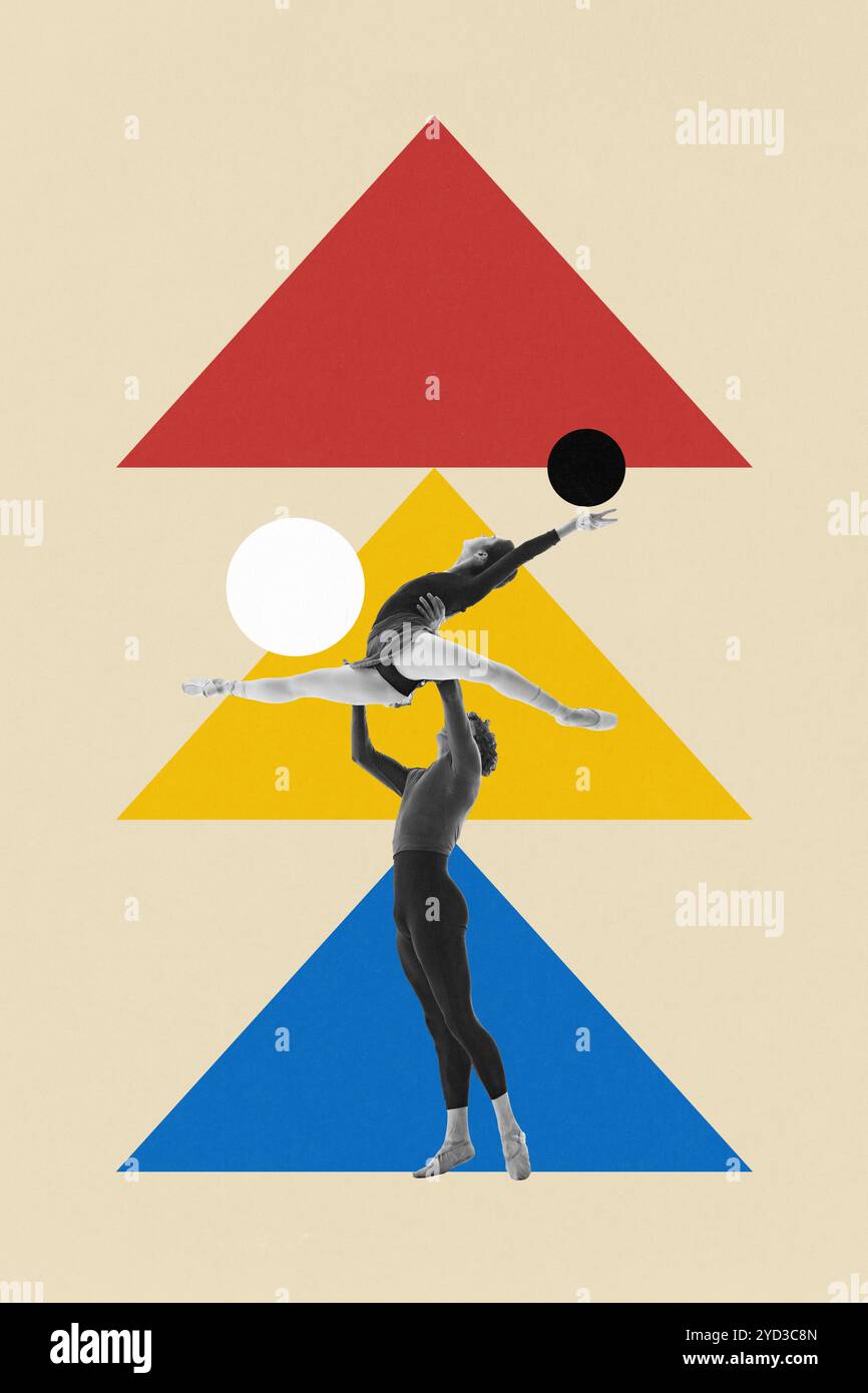 Contemporary art collage. Male dancer lifts ballerina, creating ...