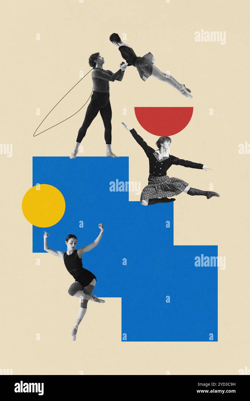 Contemporary art collage. Dancers interact with geometric elements ...