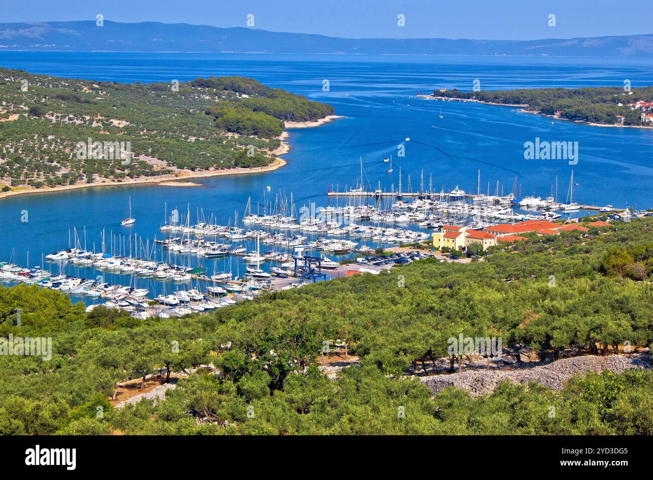 Island of Cres bay sailing marina aerial view, archipelago of Kvarner ...