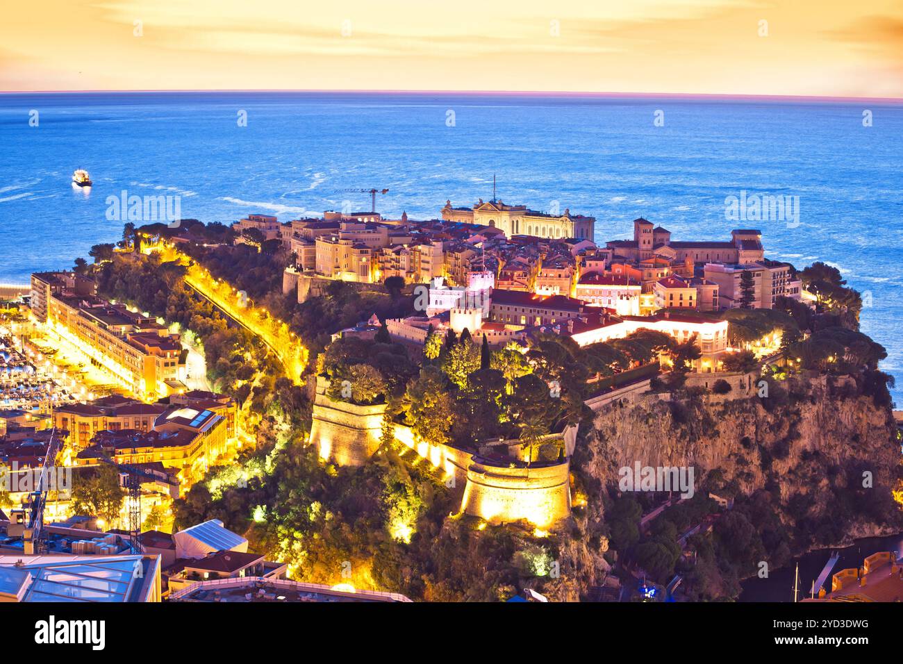Monaco. Prince palace and old town on the hill in Monaco sunset view ...