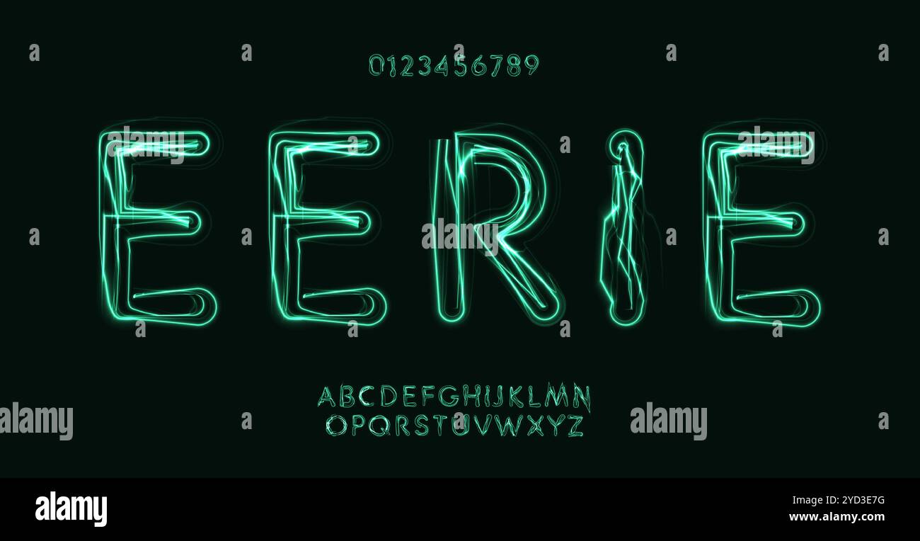 Eerie glowing alphabet, lightning twisted letters, luminous neon font ...