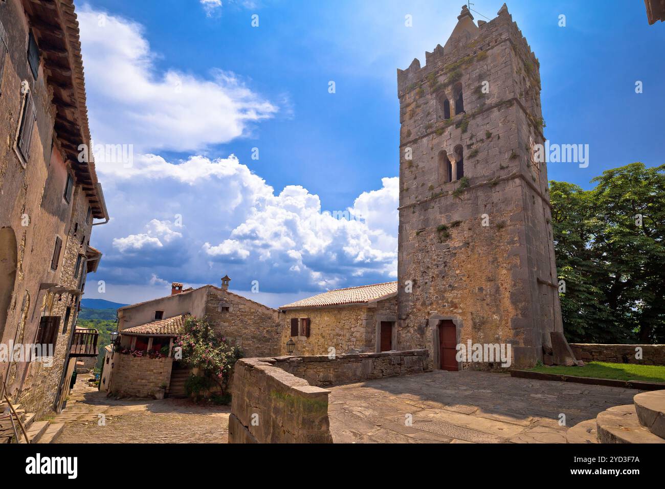 Hum. Historic stone square and church in smallest town in the World Hum ...