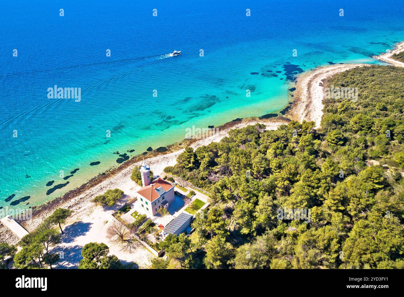 Island of Vir archipelago lighthouse and beach aerial panoramic view ...