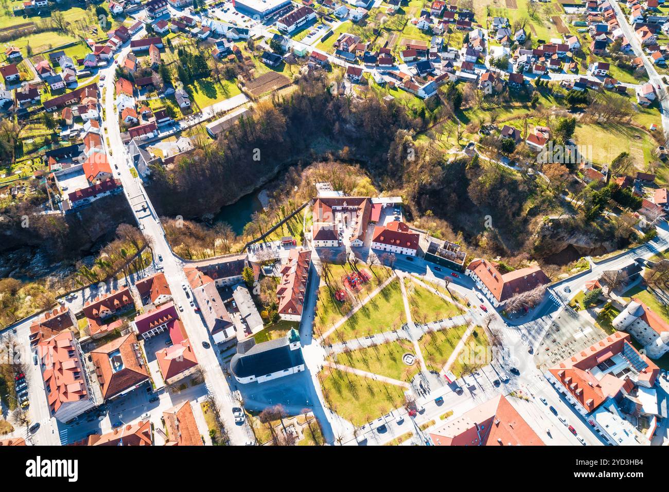 Town of Ogulin and Dobra river canyon aerial panoramic view Stock Photo ...