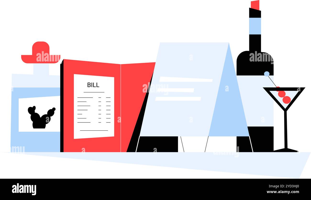 Restaurant Bill With Drinks And Menu In Flat Vector Illustration ...