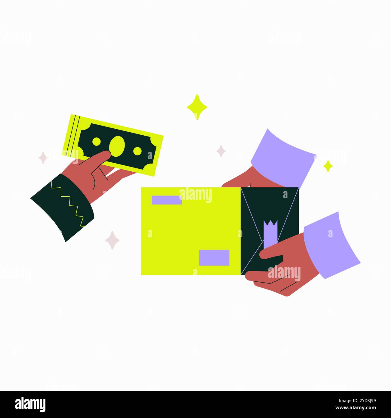 Hand Holding Cash And Package In Flat Vector Illustration Symbolizing ...