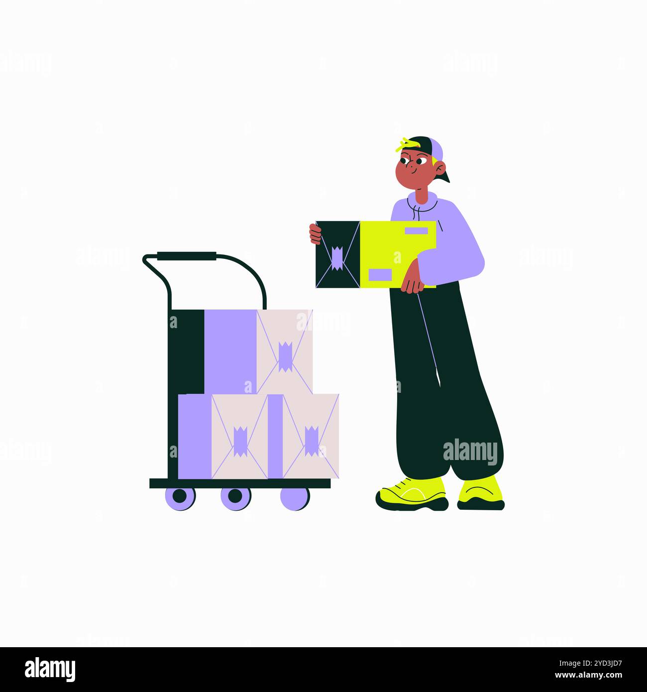 Male worker loading boxes onto trolley in flat vector illustration ...