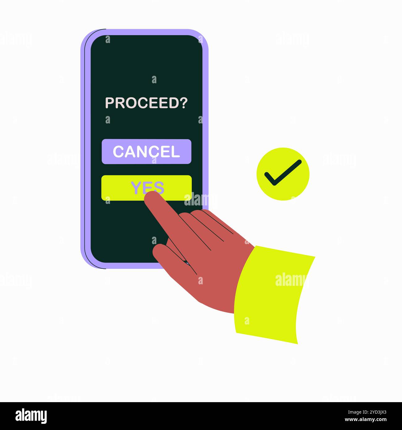 Hand selecting yes on mobile screen with proceed option in flat vector ...