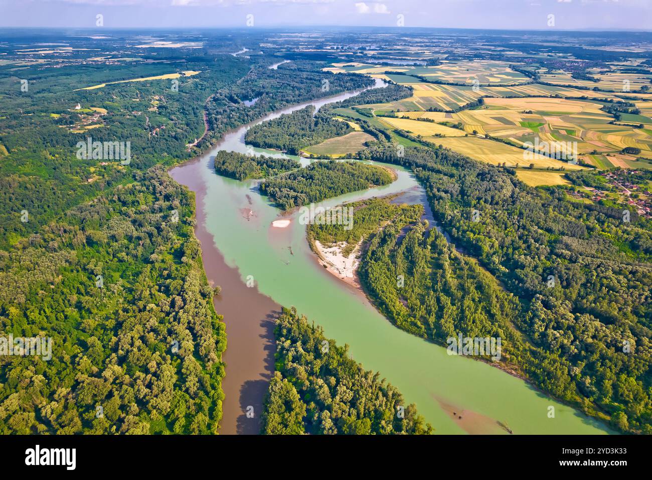 Aerial view of Drava and Mura rivers mouth, Podravina region of Croatia ...