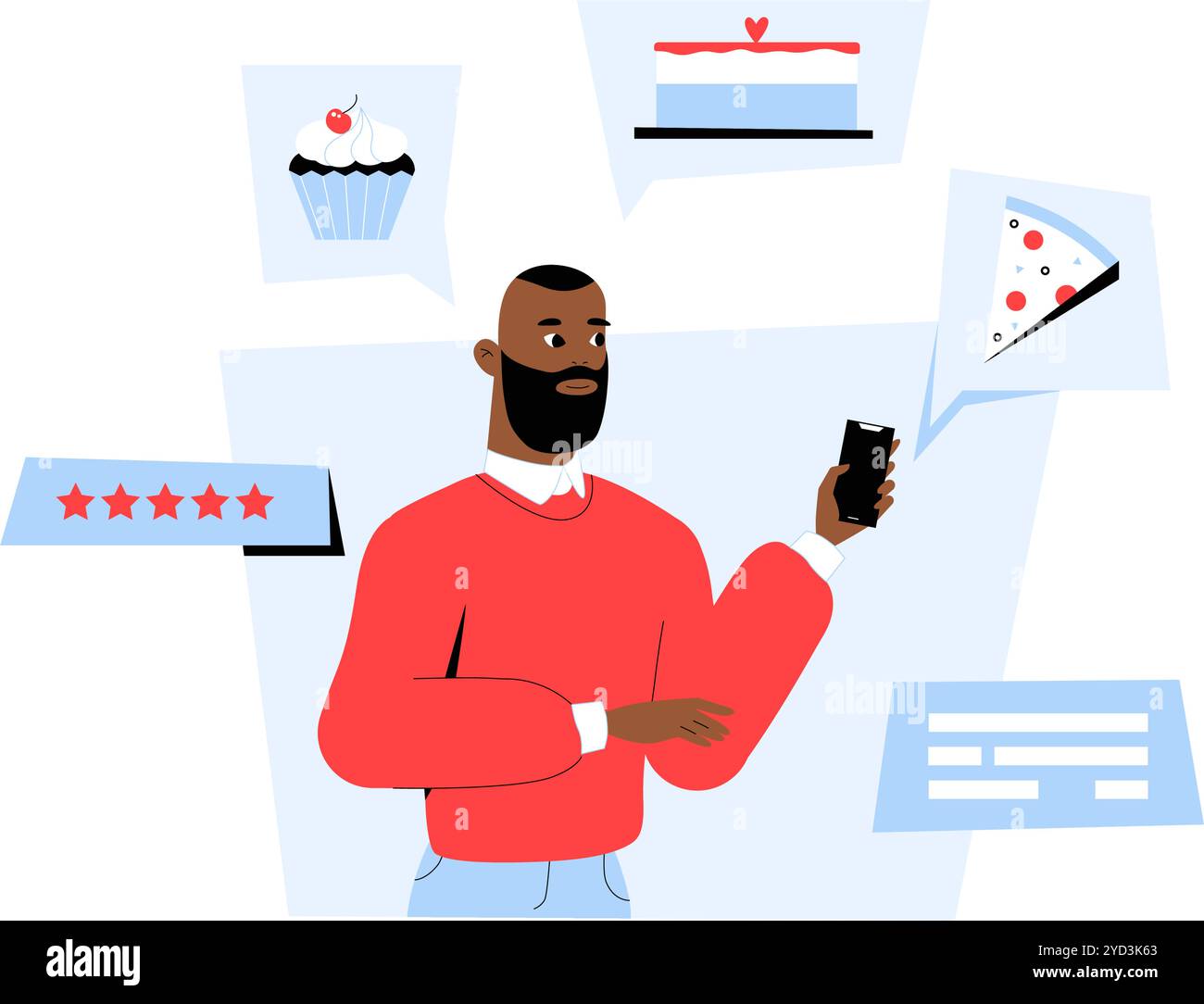 Male Customer Reviewing Pizza And Cupcake With Five Star Rating. Flat Vector Illustration ...