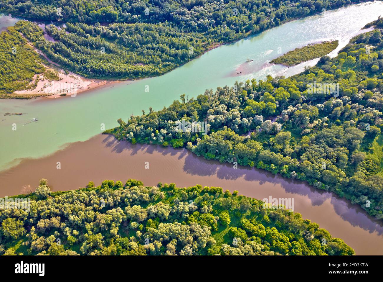 Aerial view of Drava and Mura rivers mouth, Podravina region of Croatia ...