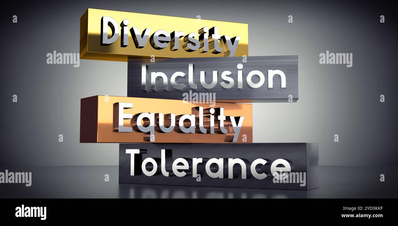 Diversity, inclusion, equality, tolerance - words on metal blocks - 3D ...