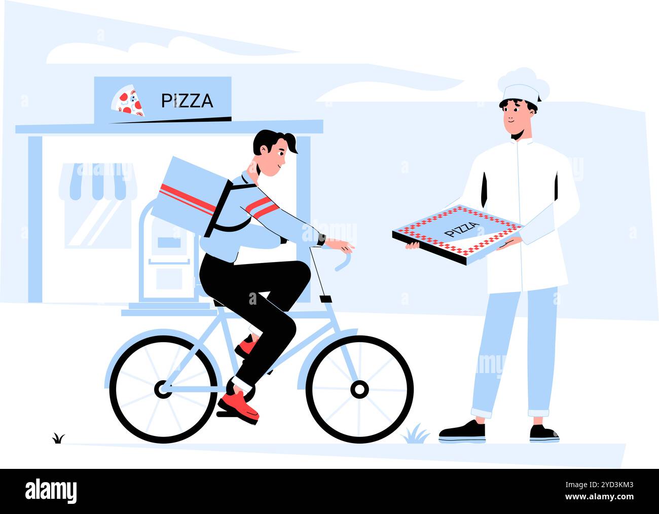 Pizza Delivery Man On Bicycle Receiving Box From Chef In Flat Vector ...