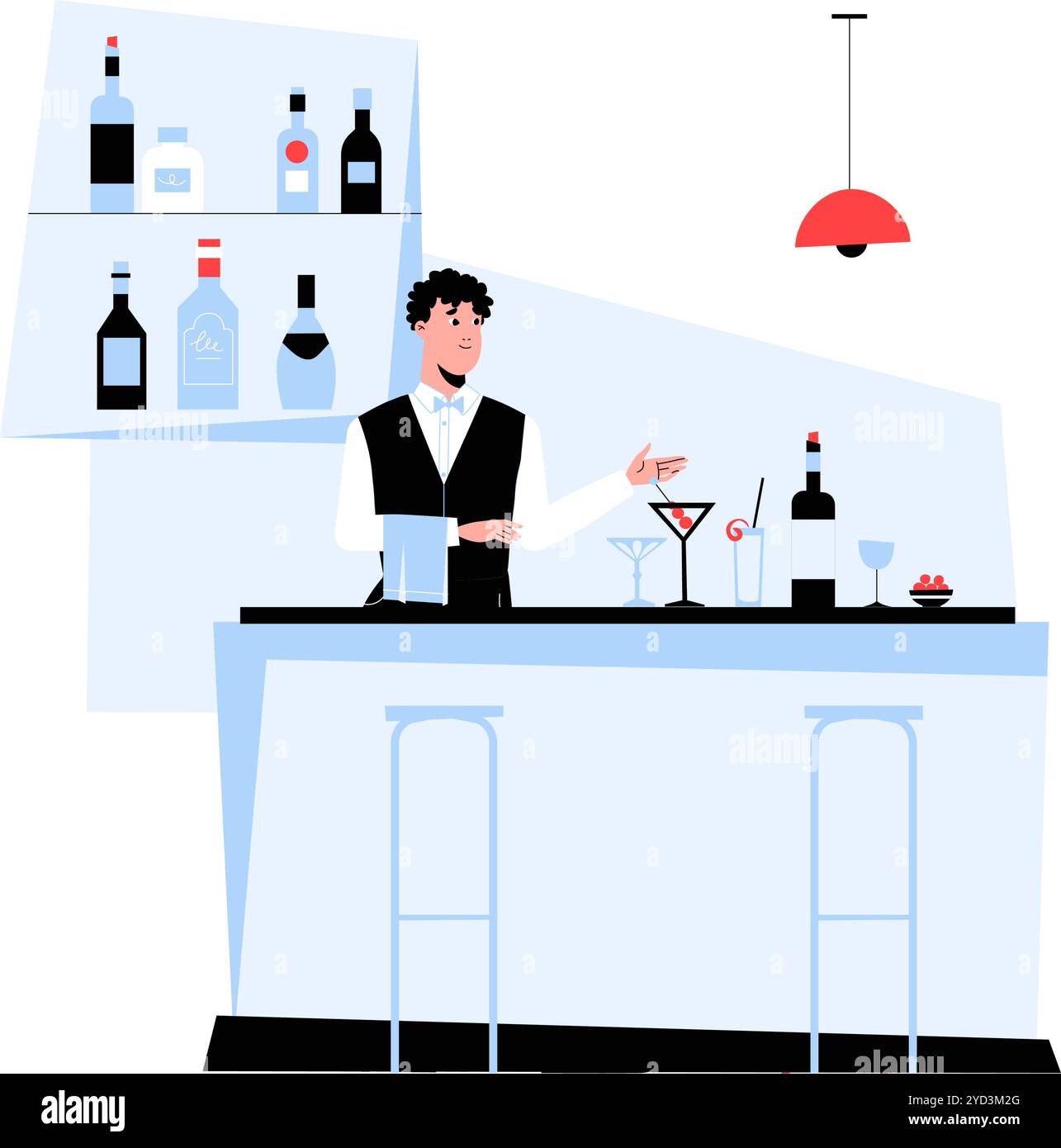 Male Bartender Preparing Drinks At Bar Counter In Flat Vector Illustration Symbolizing Service ...