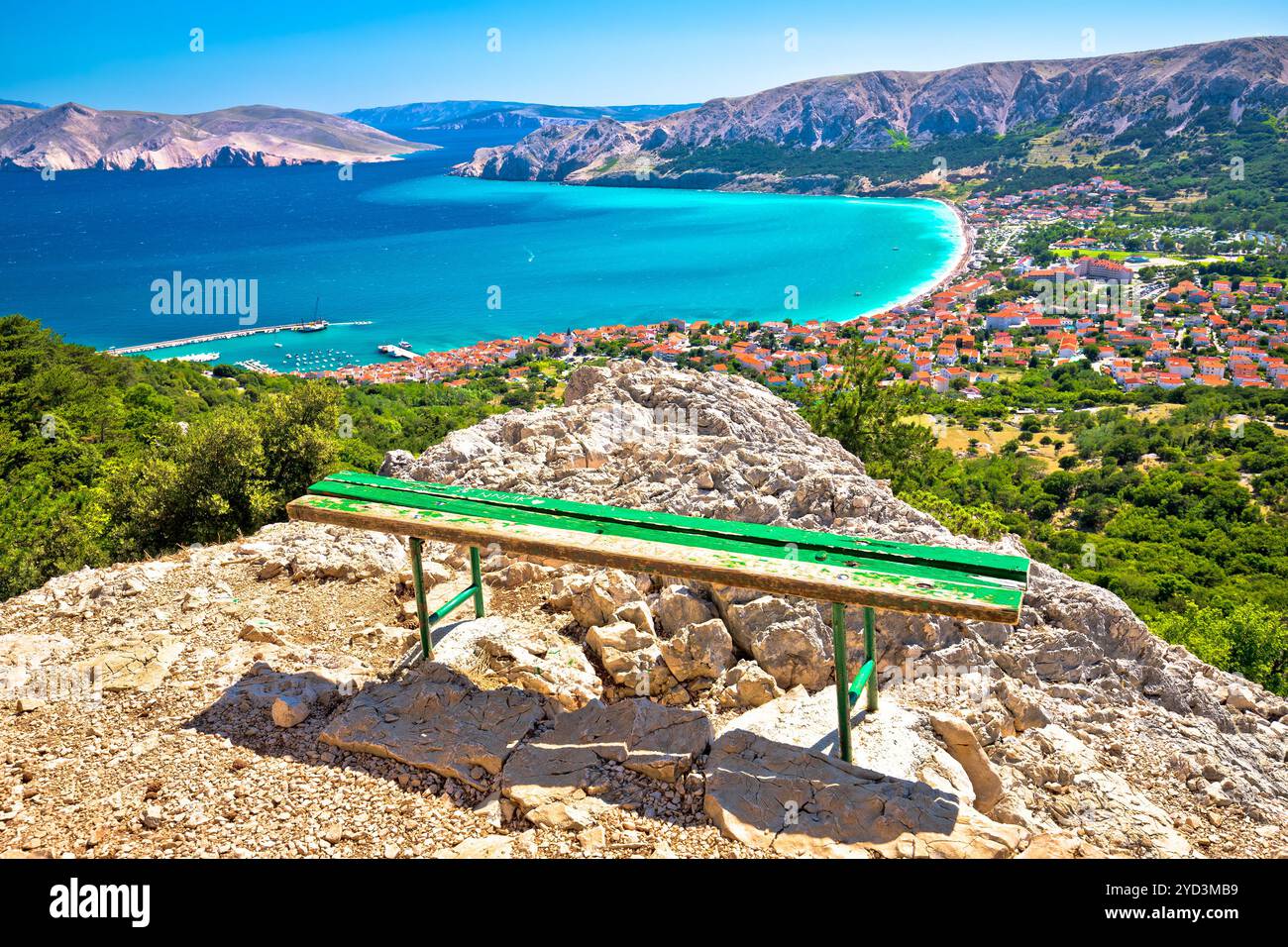 Adriatic town of Baska aerial view from hiking trail, Island of Krk ...