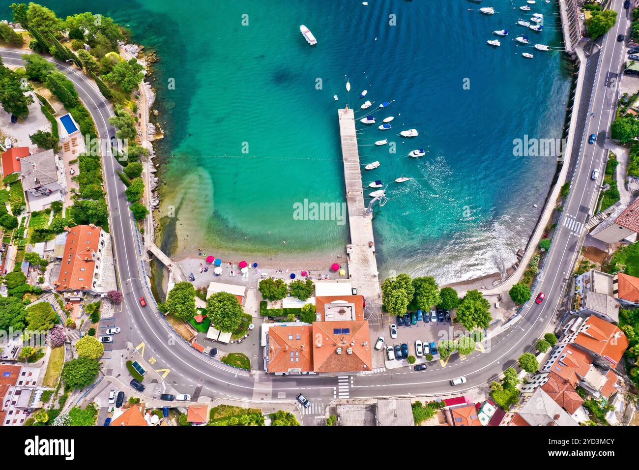 Ika village beach and waterfront in Opatija riviera aerial view ...