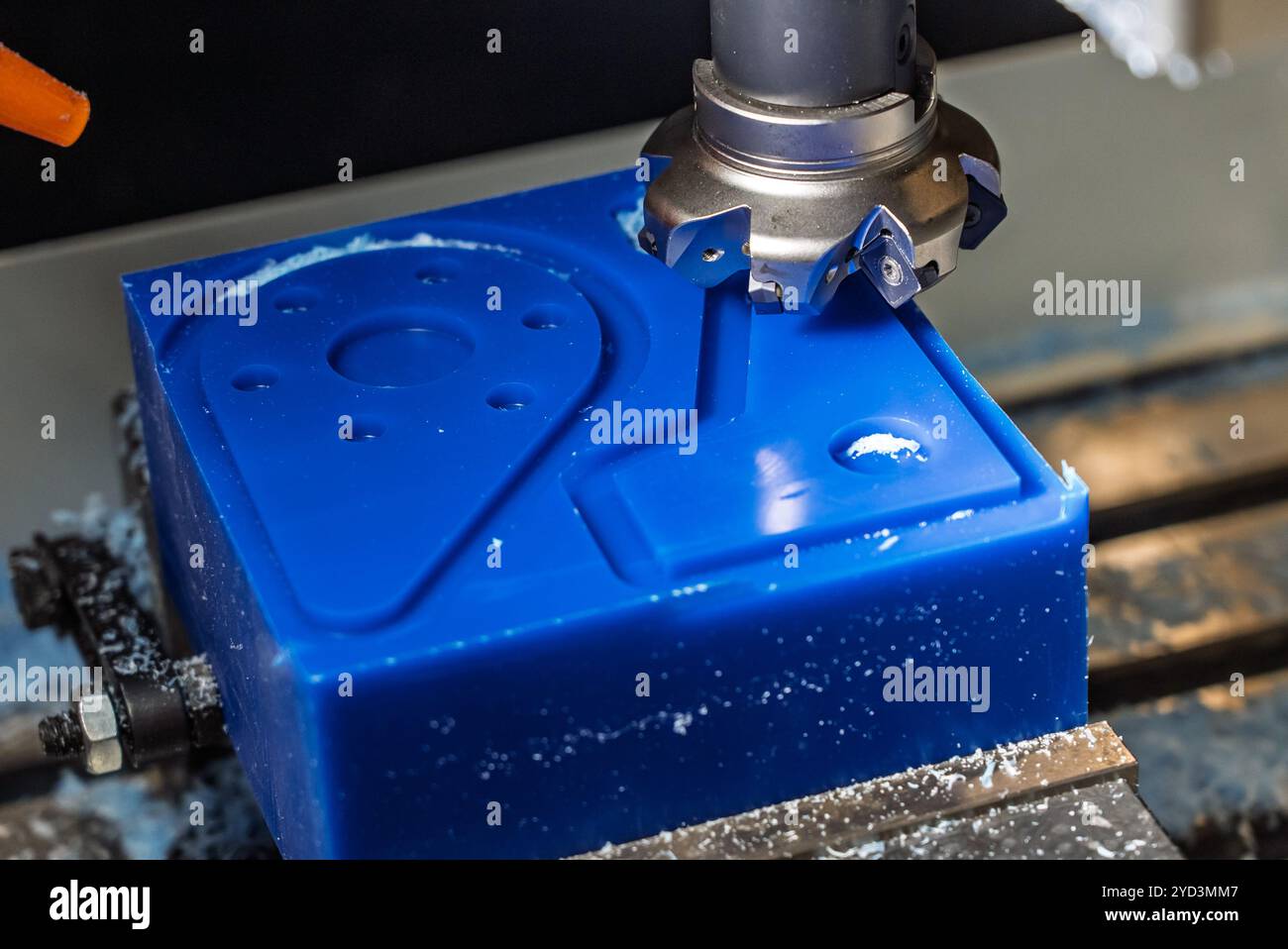 Metalworking CNC lathe milling machine with coolant. Milling a piece of ...