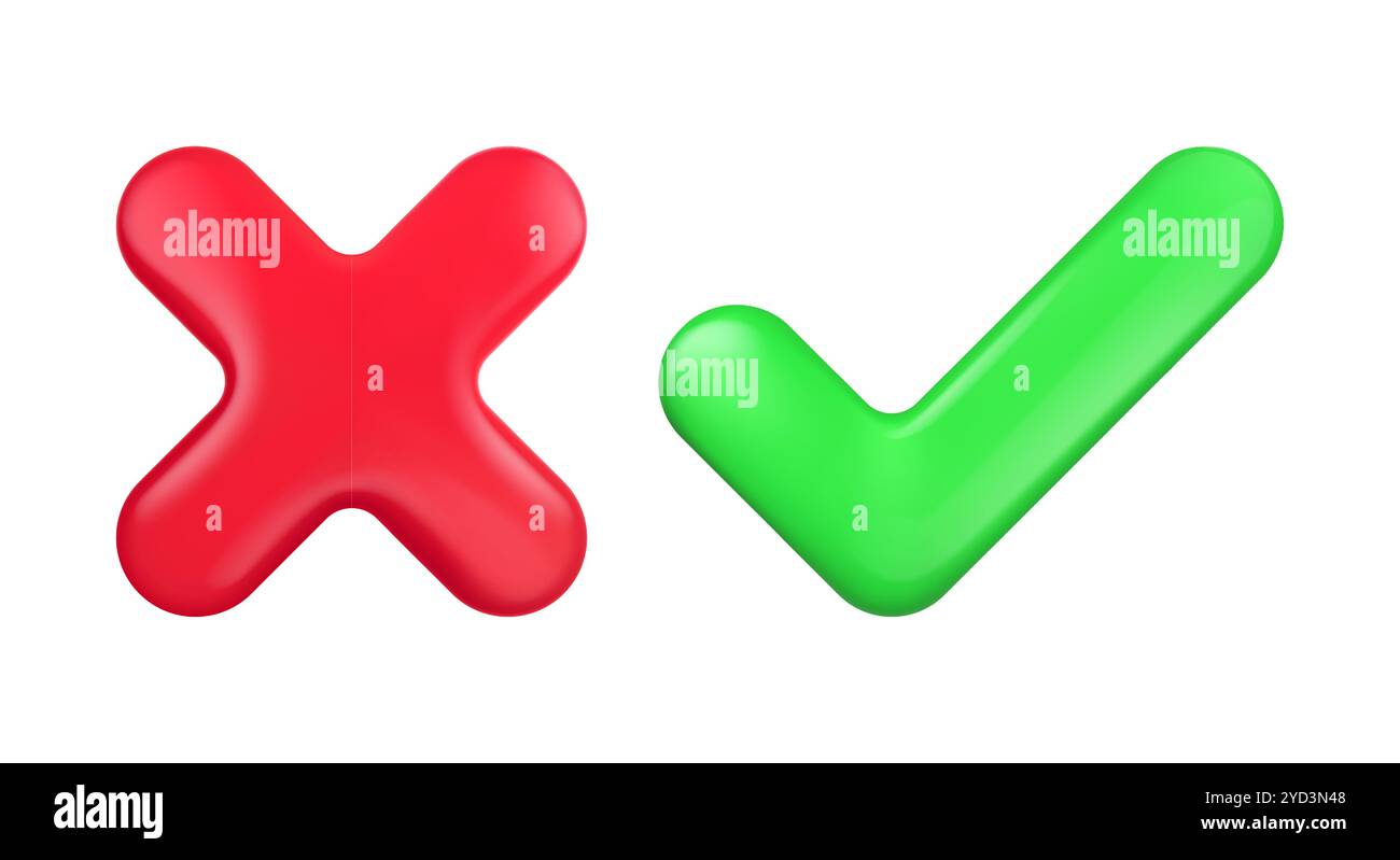 3d cross and tick. Red x wrong and check right green thick icons. Negative decline and positive ...