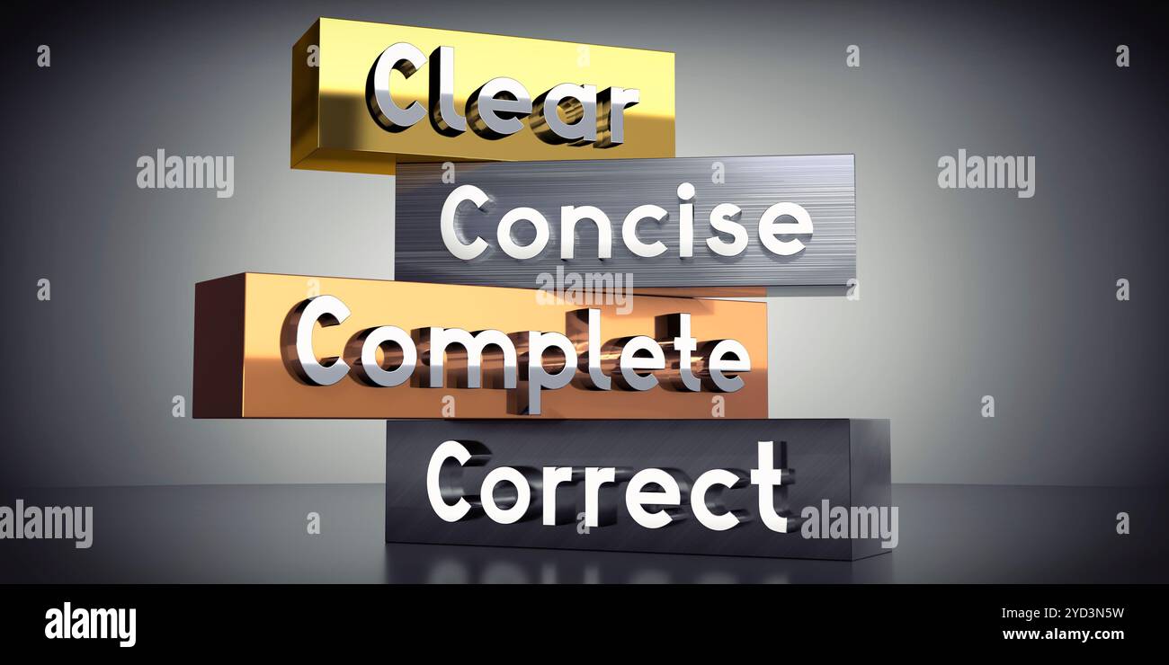 Clear, concise, complete, correct - words on metal blocks - 3D ...