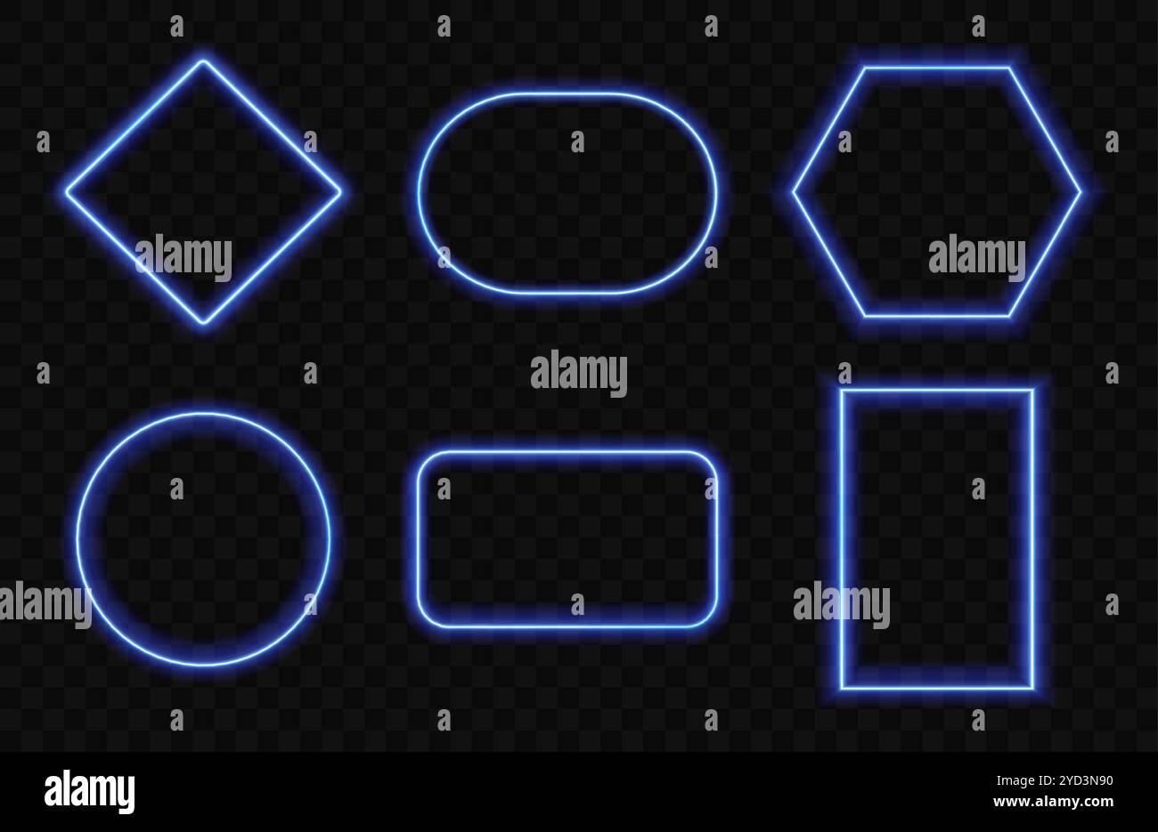 Glowing neon frames. Blue light rectangle, circle and hexagon glowing ...