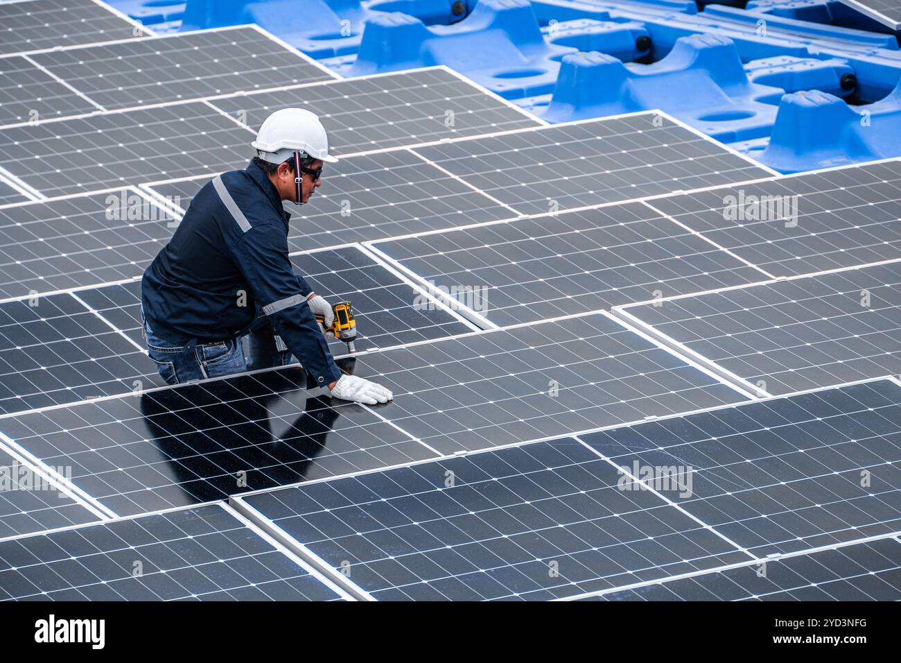 Professional Engineer Service Floating Solar Panel. Worker Maintenance ...