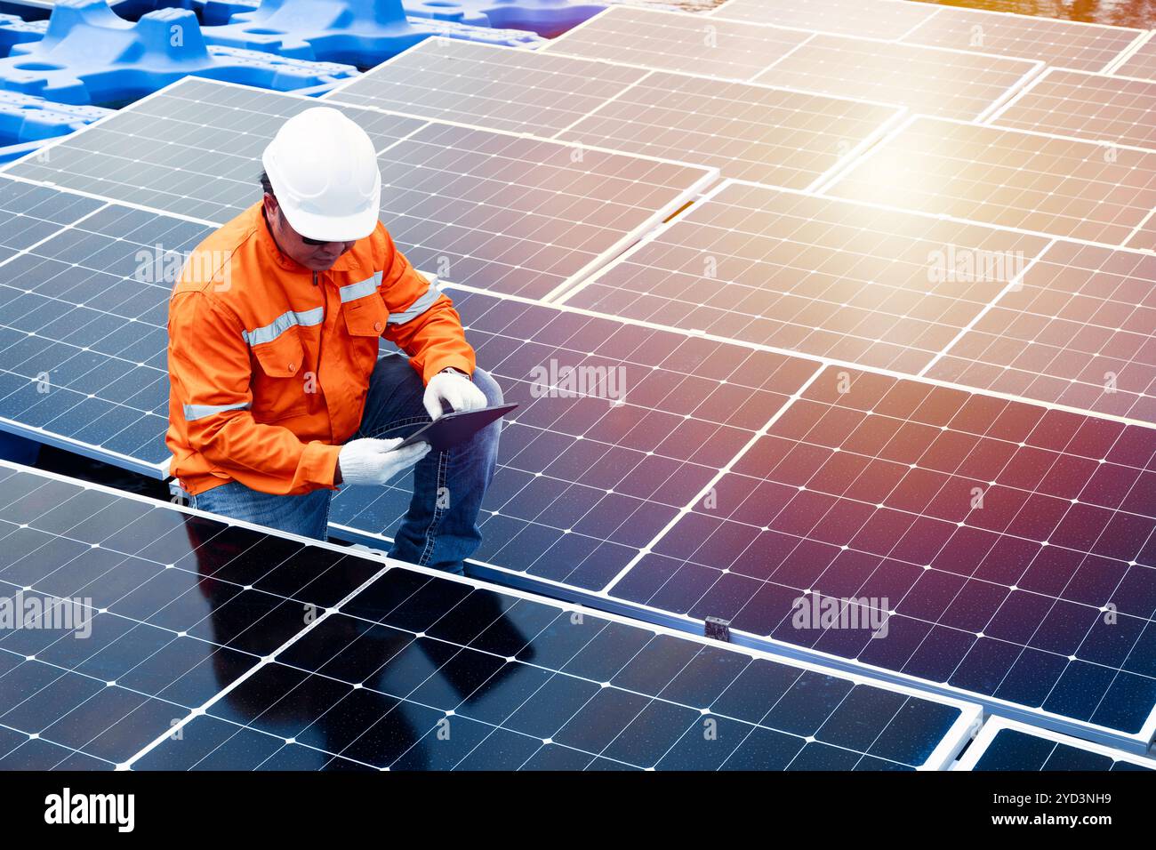 Professional Engineer Service Floating Solar Panel. Worker Maintenance ...