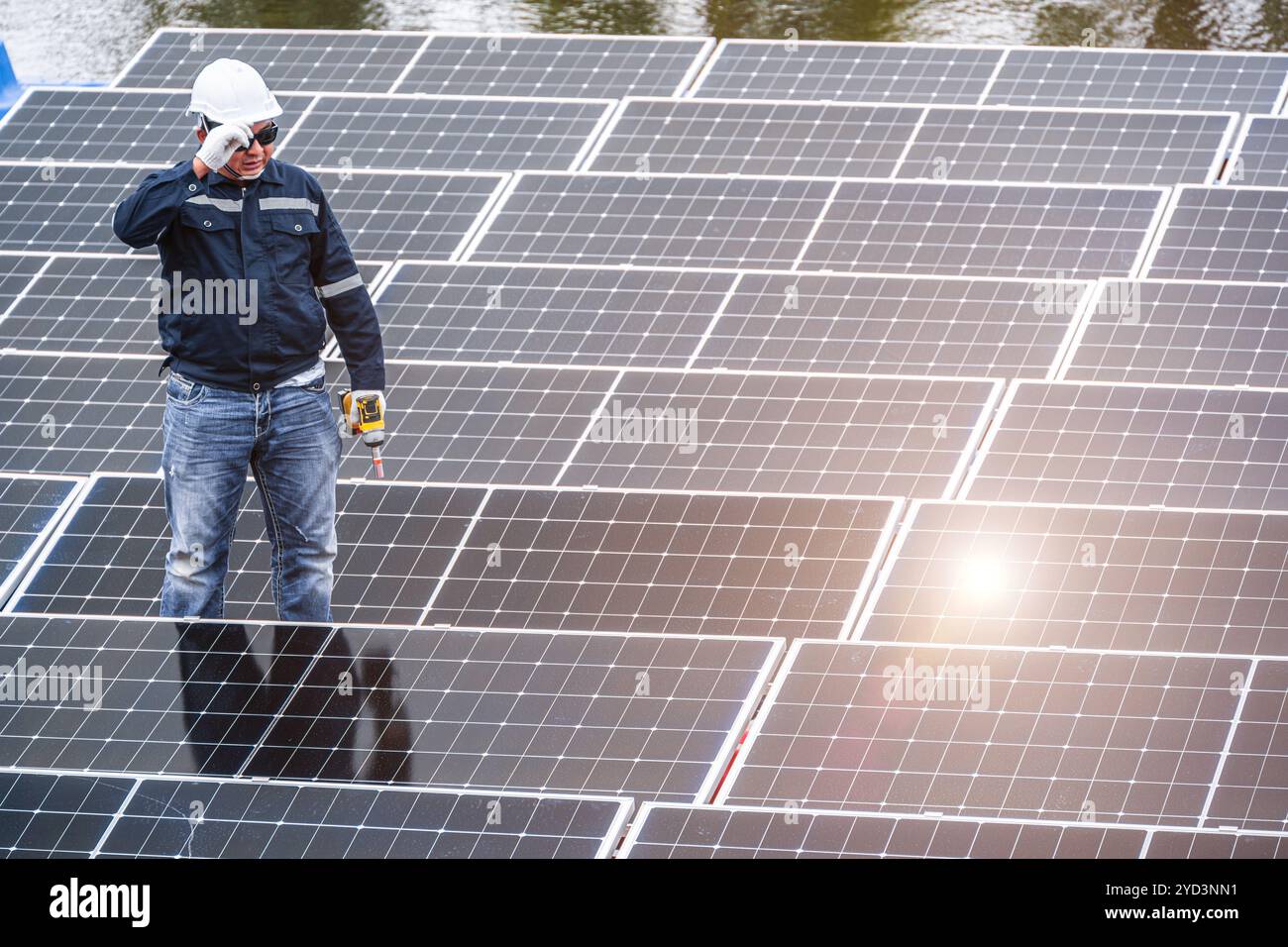 Professional Engineer Service Floating Solar Panel. Worker Maintenance ...