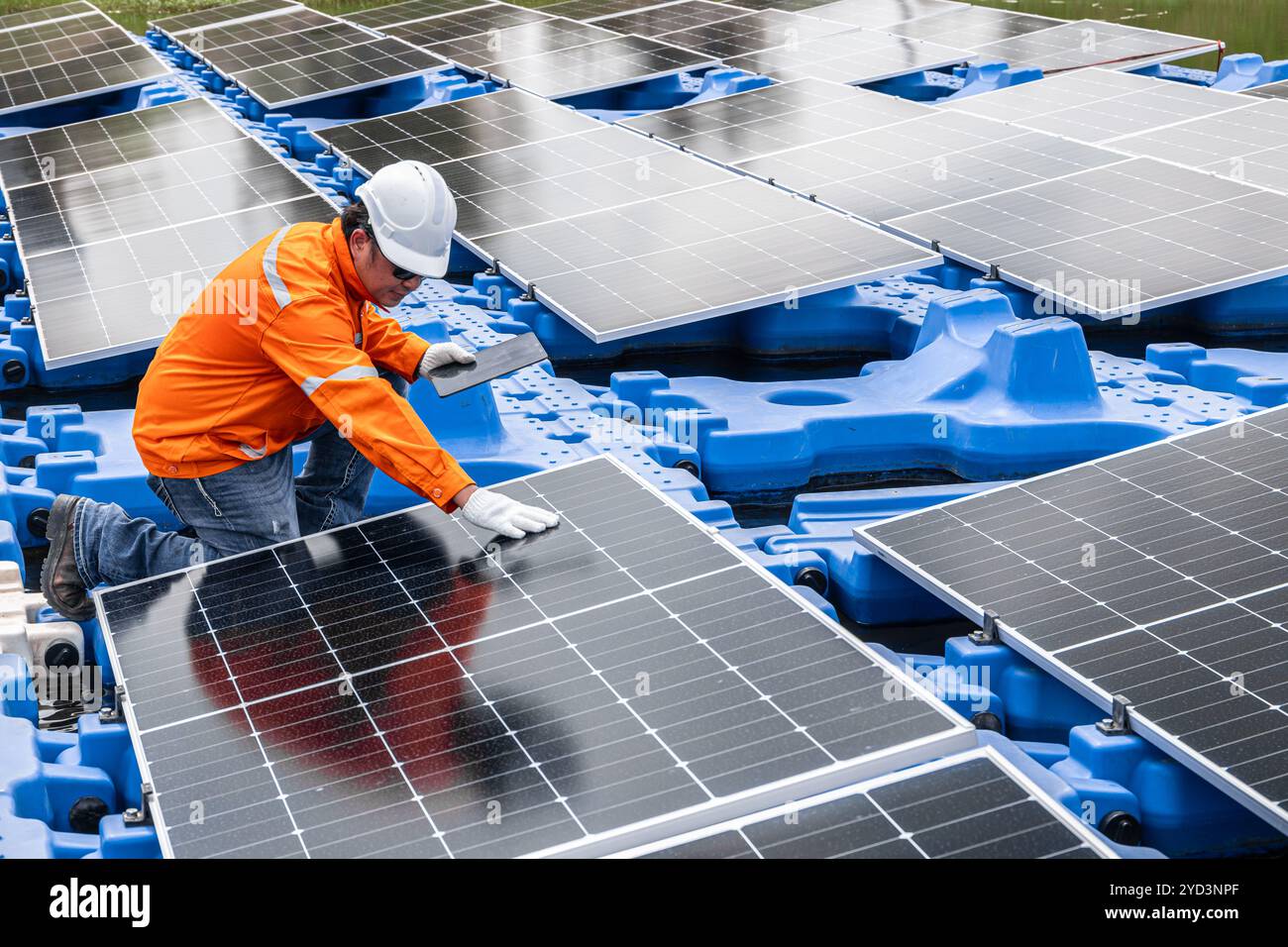 Professional Engineer Service Floating Solar Panel. Worker Maintenance ...