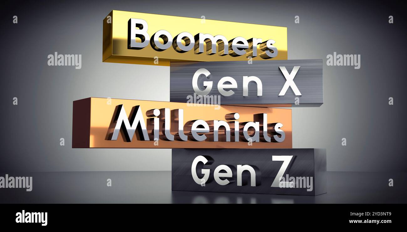 Boomers, Gen X, Millenials, Gen Z - words on metal blocks - 3D ...
