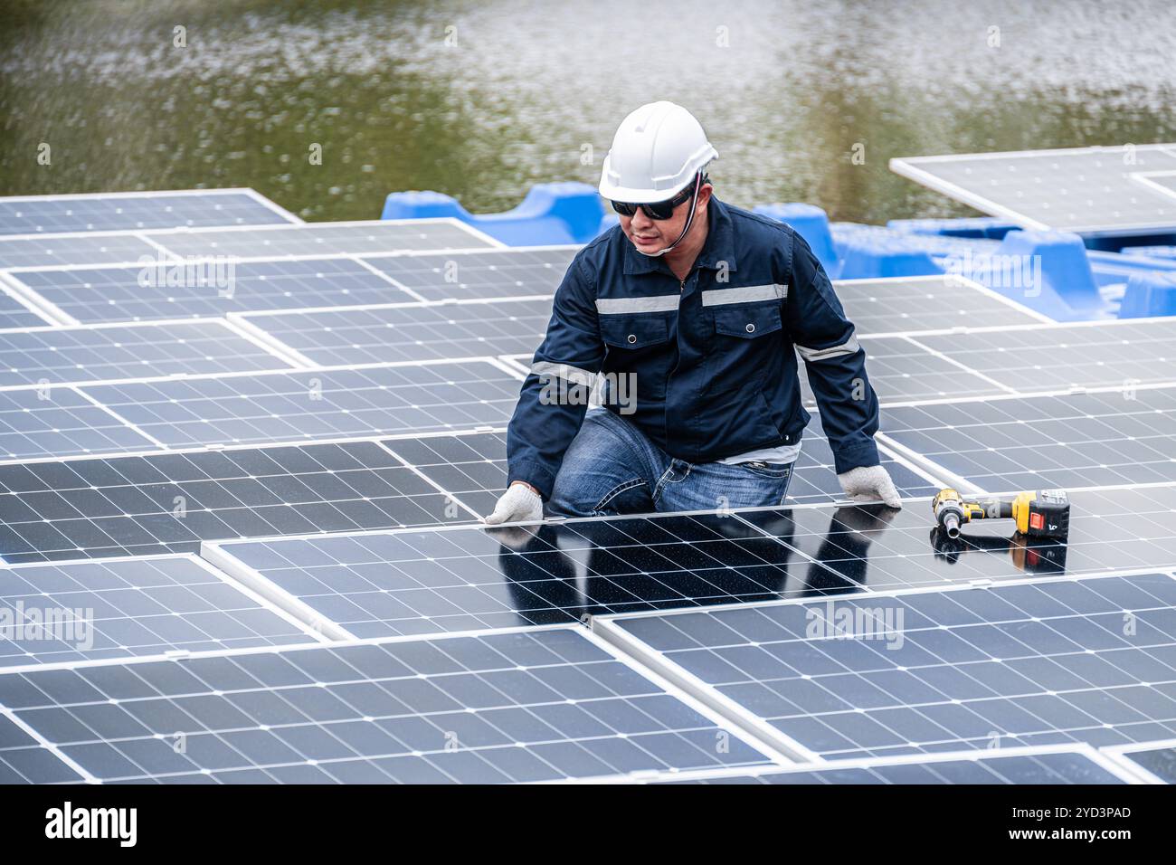 Professional Engineer Service Floating Solar Panel. Worker Maintenance ...