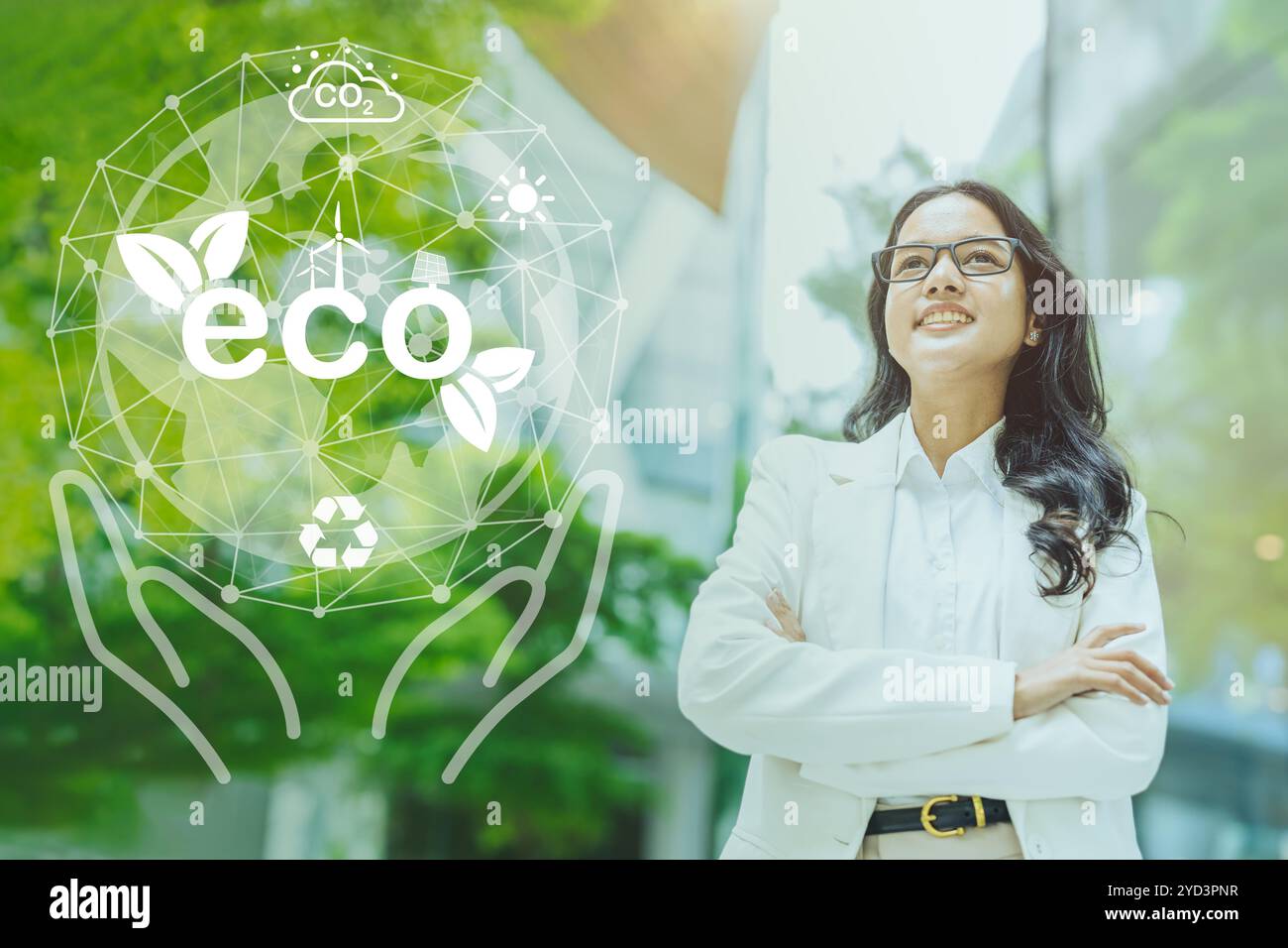 Asian India business success working women standing with proud at green city office building ...