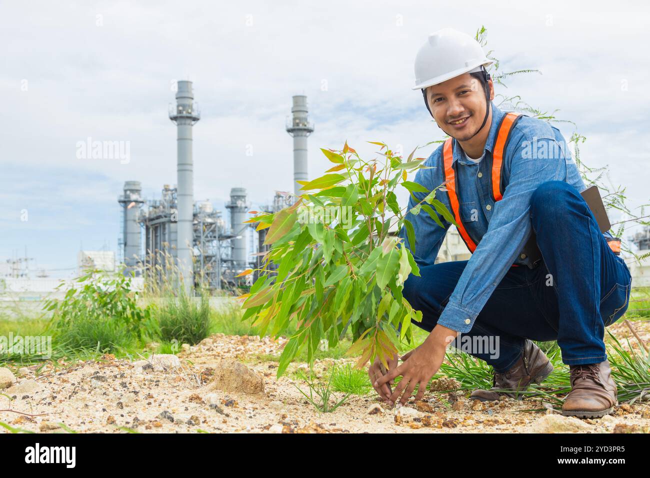 Industry worker plant tree at petroleum building. Green industry ...