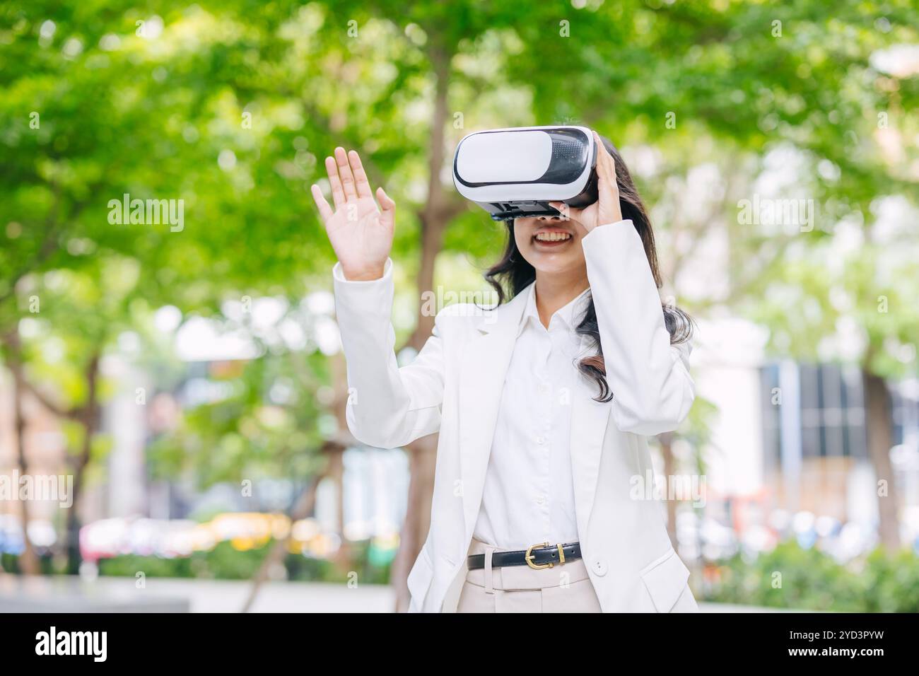 Modern business women using VR visual reality technology. People ...
