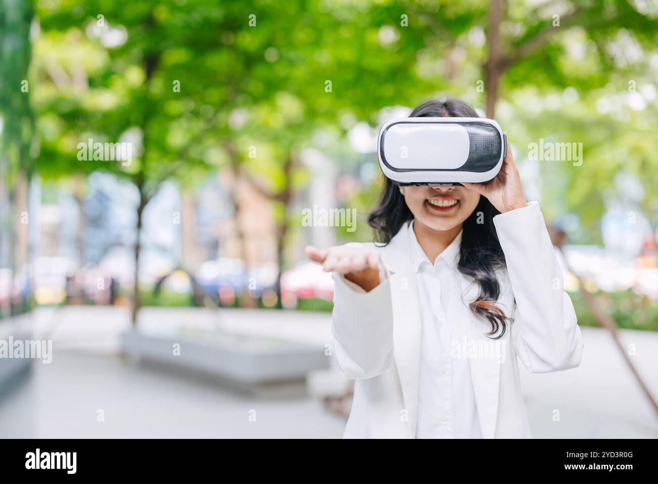 Modern business women using VR visual reality technology. People ...