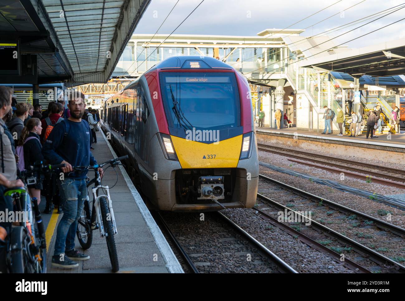 Greater Anglia class 755 FLIRT train arriving at platform, Cambridge, Cambridgeshire, England ...