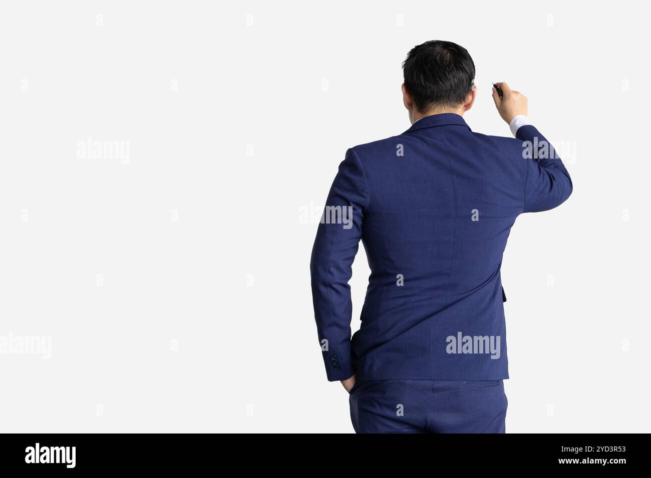 Man in formal suit model acting writing whiteboard view form back ...