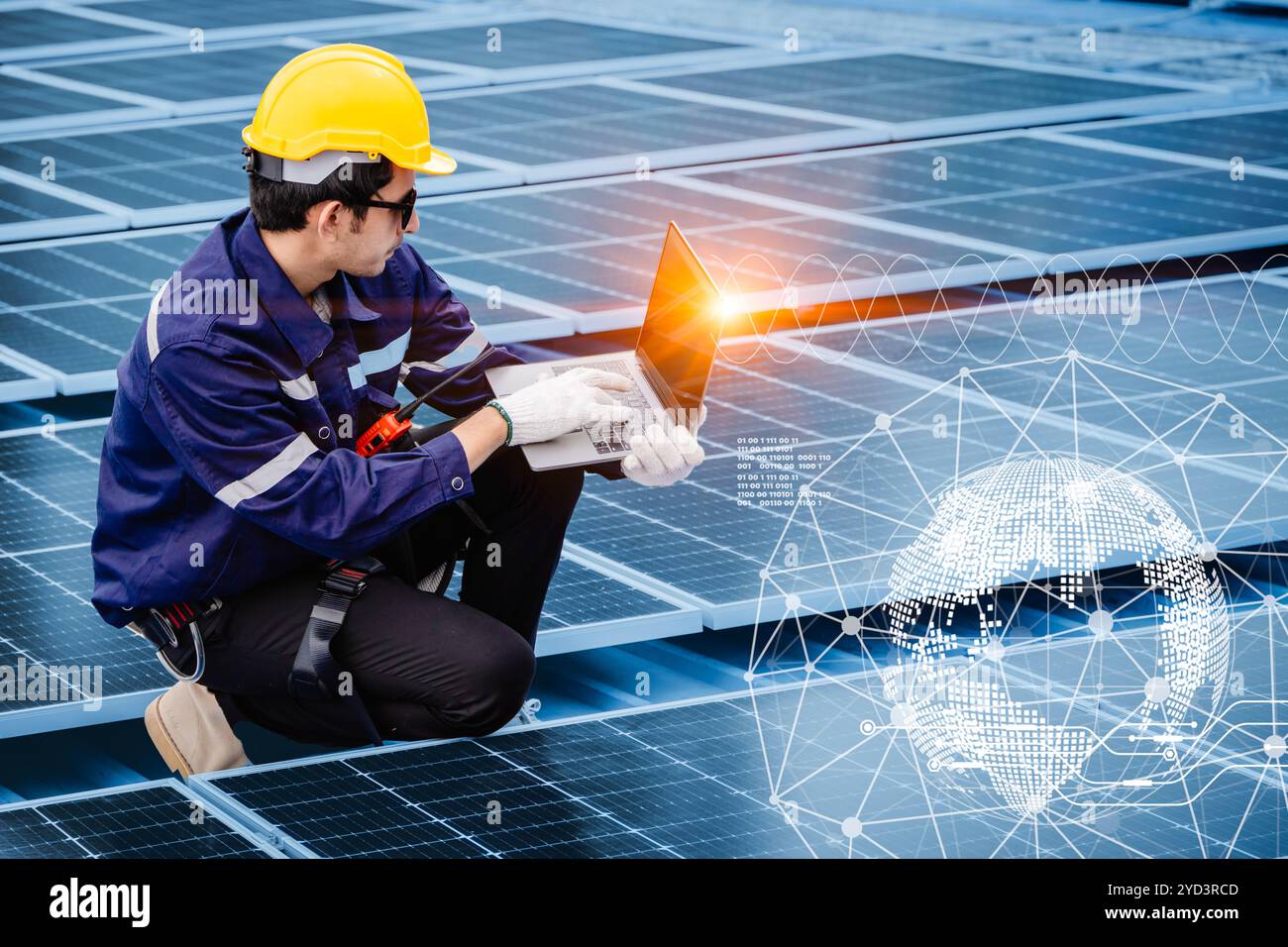 Engineer working with solar panel photovoltaic energy system overlay ...