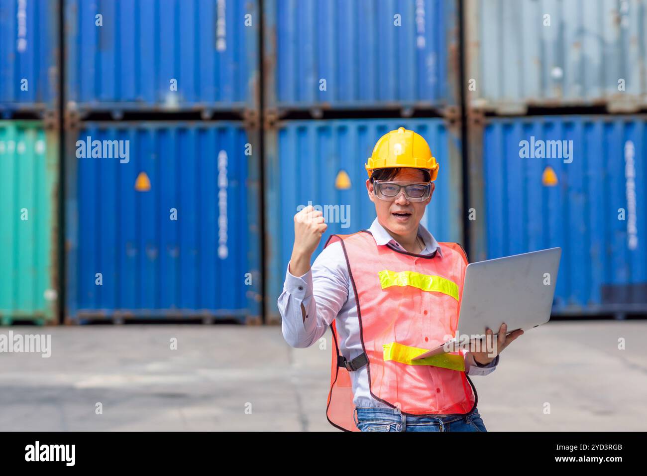 Happy Asian success professional male customs worker hand rising for in ...